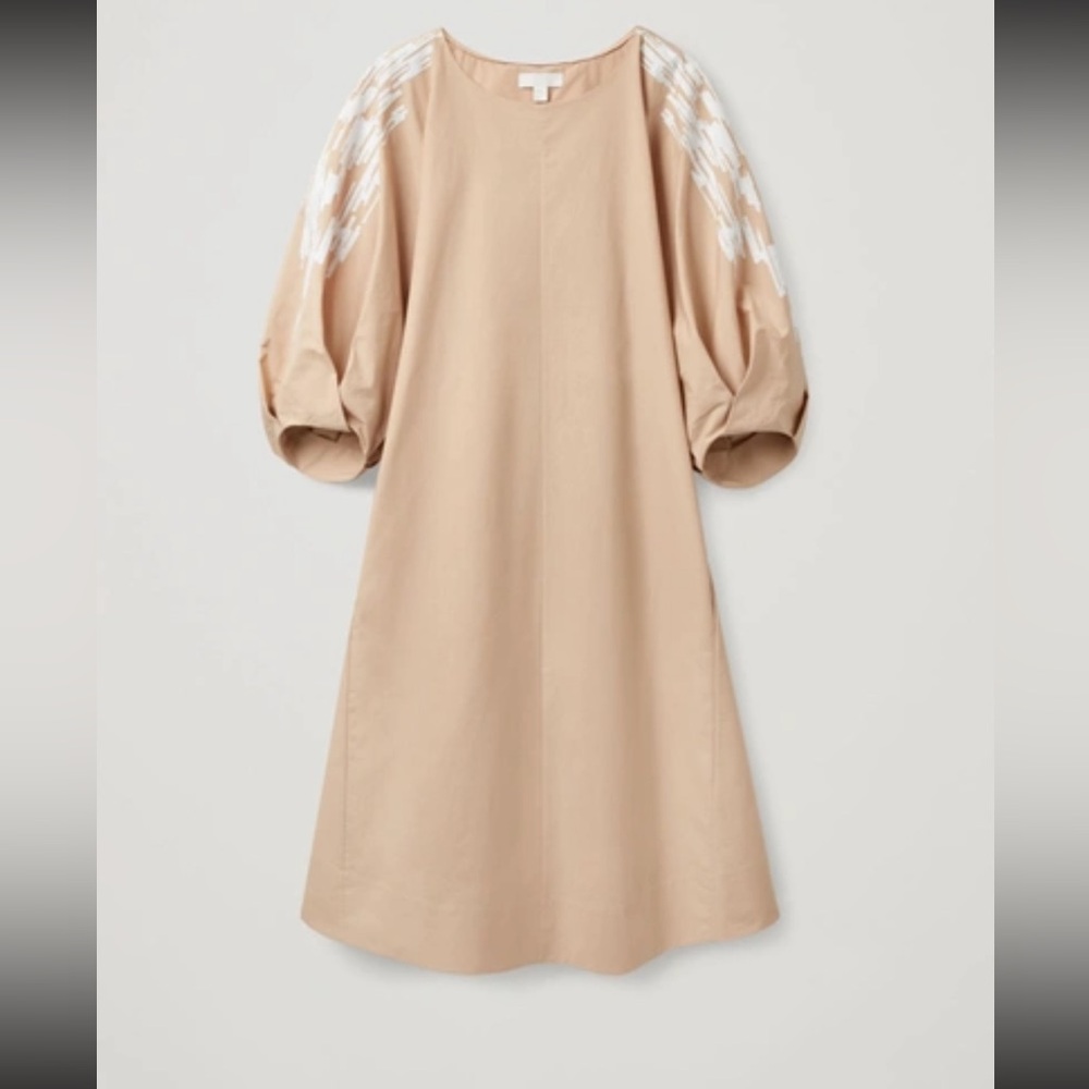 Cos Beige Voluminous Dress With Embroidered Buff Slee… - Gem